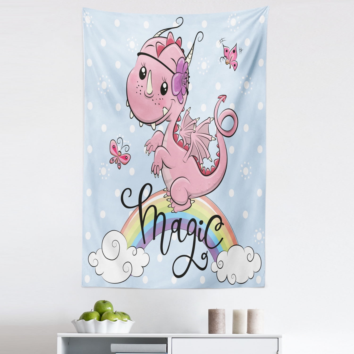 Dragon Tapestry, Magic Typography in Cursive with a Pink Cartoon Animal ...