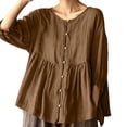 HOMBOM Womens 3/4 Sleeve Tops Brown Soft Button down Cotton Linen ...