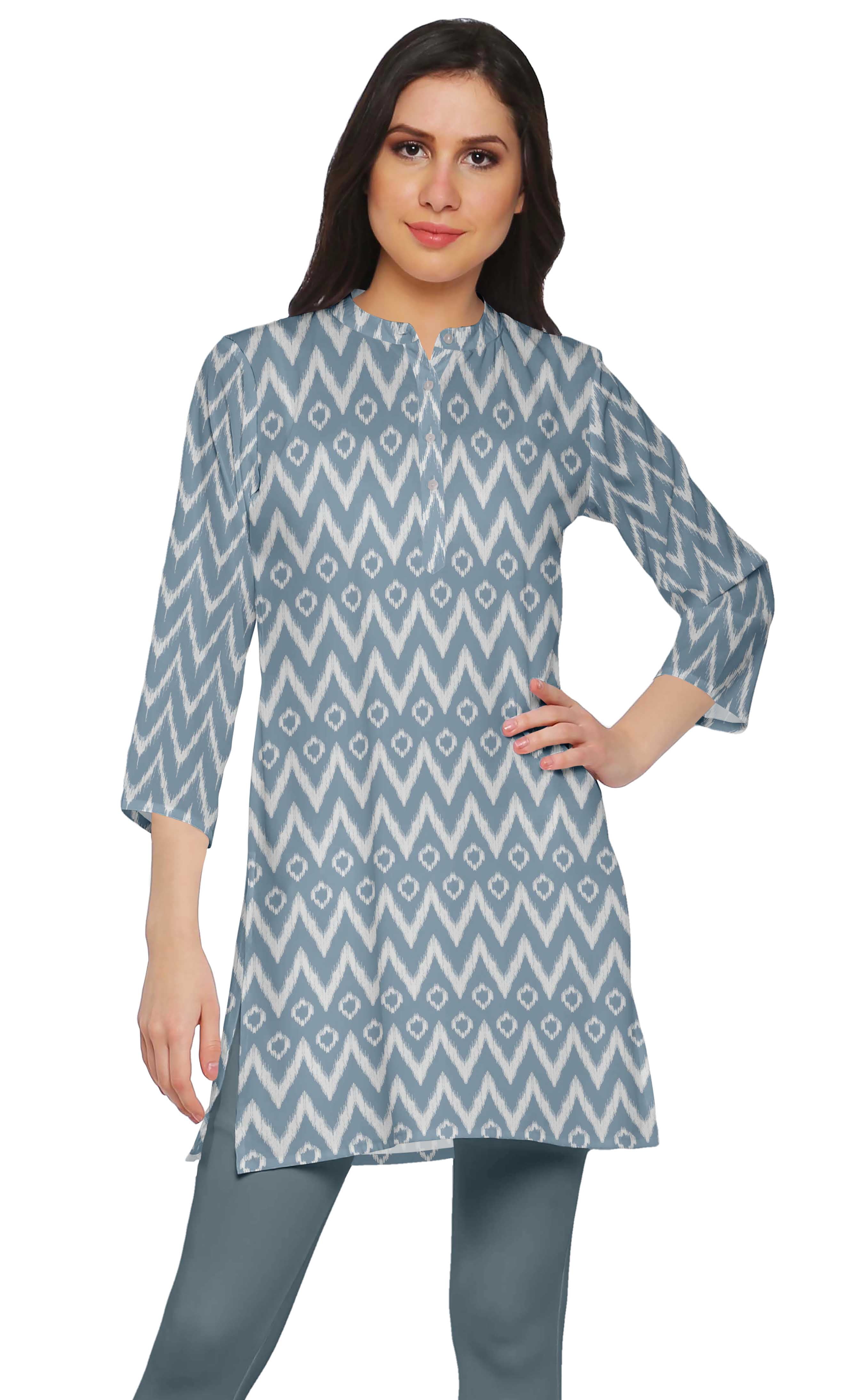 Moomaya Printed Indian Short Kurti Dress Poly Crepe Tunic Close Collar ...