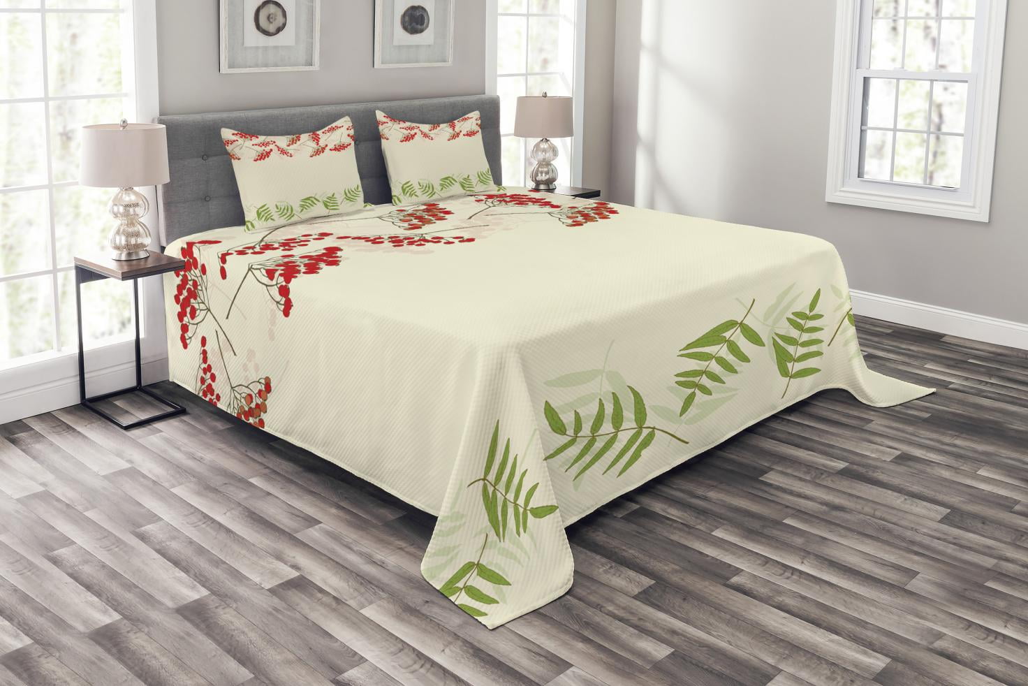 Ambesonne Rowan Quilted Bedspread Set 3 Pcs, Border with Mountain Ash ...