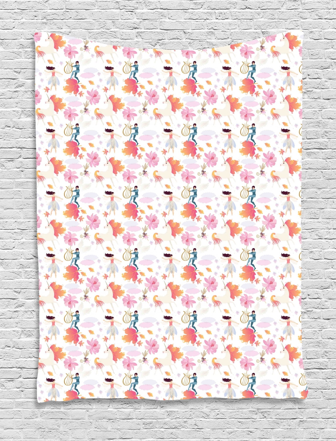 Ballerina Tapestry, Unicorn with Mane Ballet Dancer Vibirnum Leaves and ...