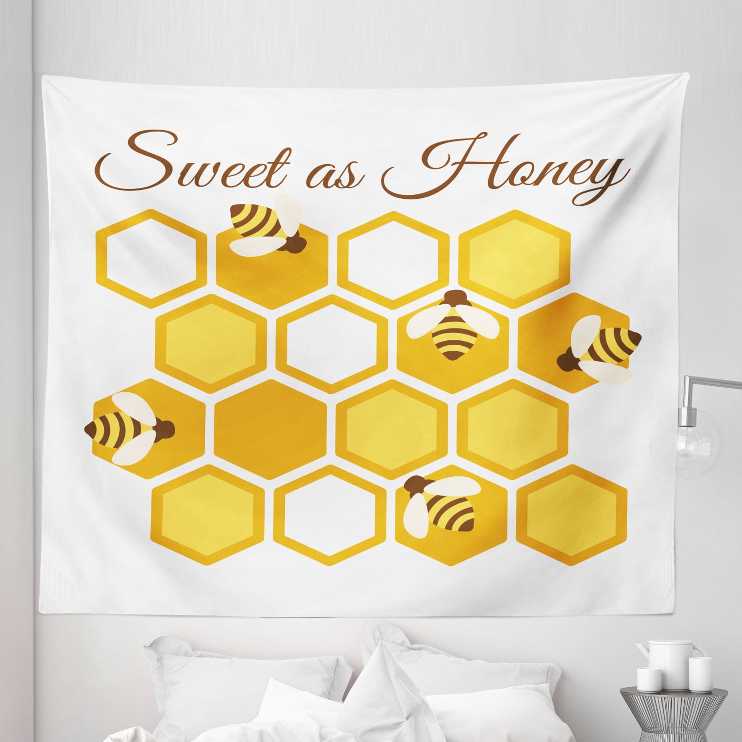 Honey Bee Tapestry, Cursive Calligraphy and Beehive Hexagons Graphic ...