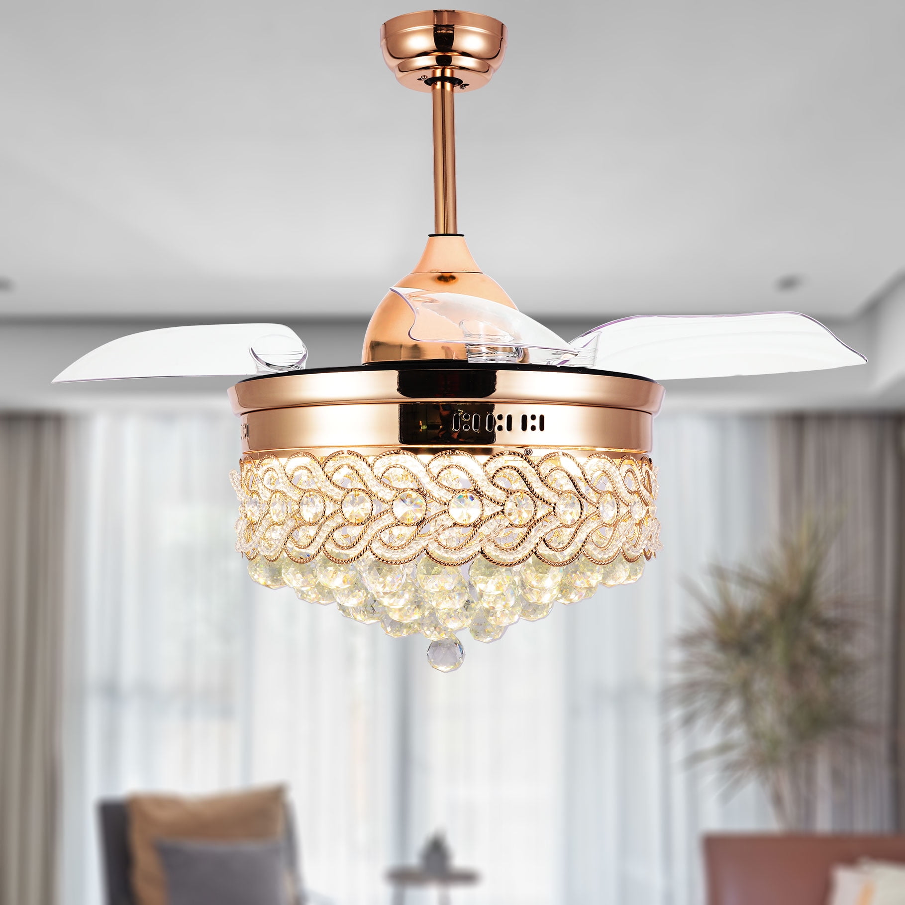Belladepot 42" Gold Crystal Ceiling Fan with Retractable Blades LED ...