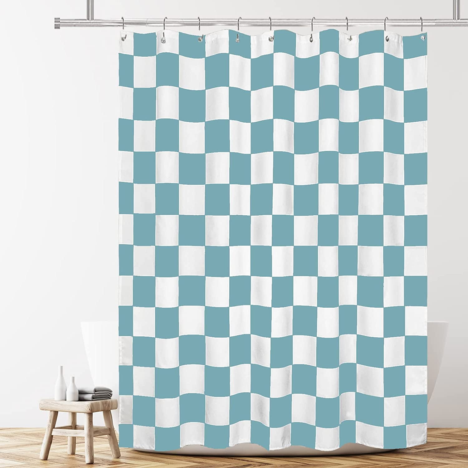 Aesthetic Checkerboard Grid Pattern Shower Curtain, White Sage Green ...