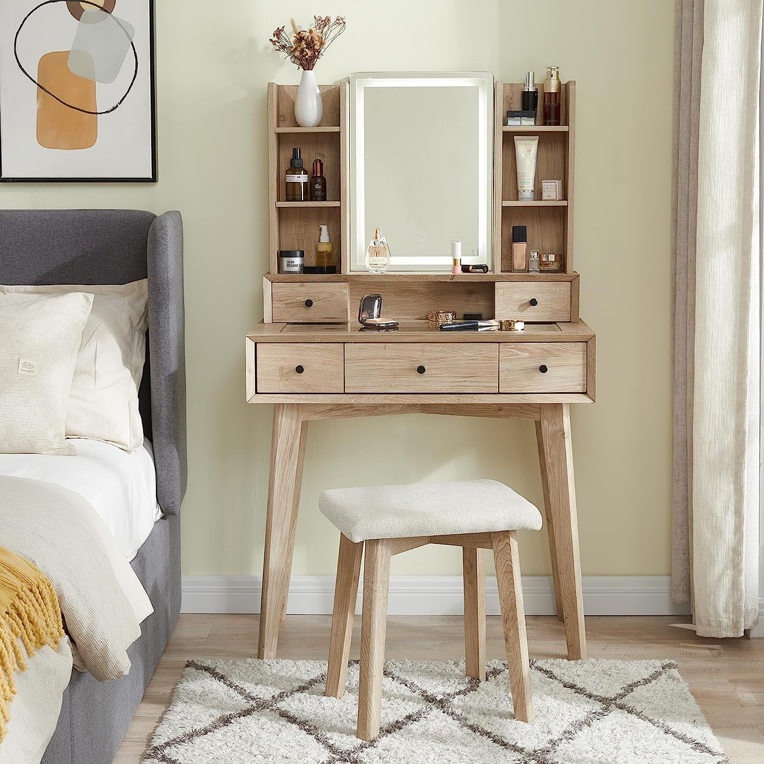 OKD Vanity Set with LED Lighted Mirror and Cushioned Stool, Large ...