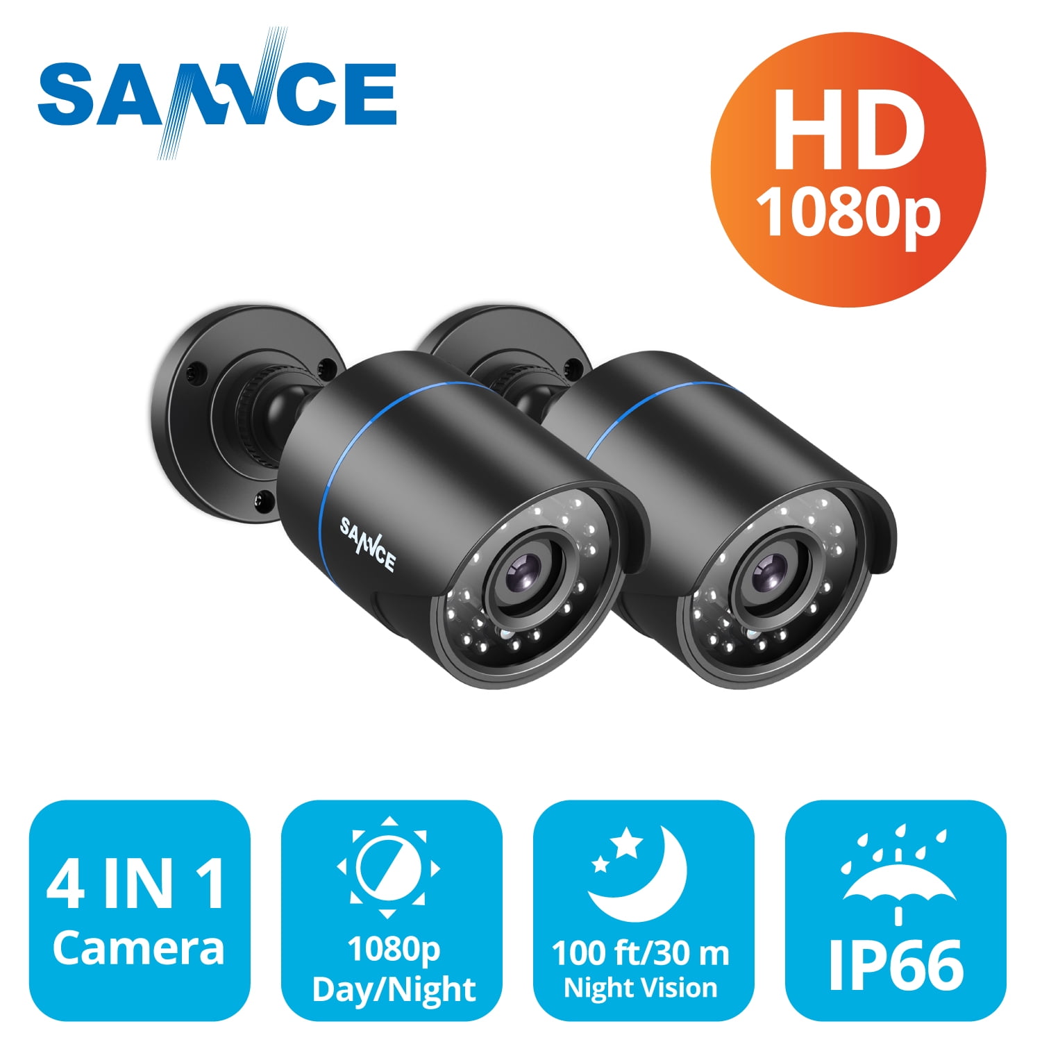 SANNCE 2pcs AHD/TVI/CVI/CVBS 4-in-1 1080p Security Camera IP66 ...
