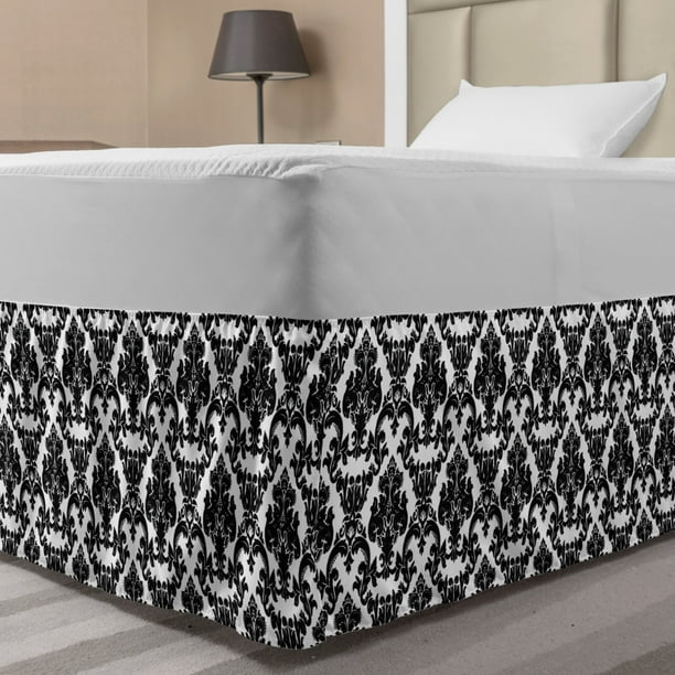 White Damask Bed Skirt, Retro Styled Continuing Ornamental Graphic ...