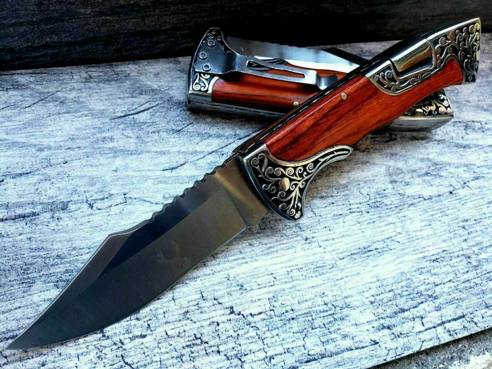 TheBoneEdge Wood Handle Engraved Design 9" Folding Knife 3CR13 ...