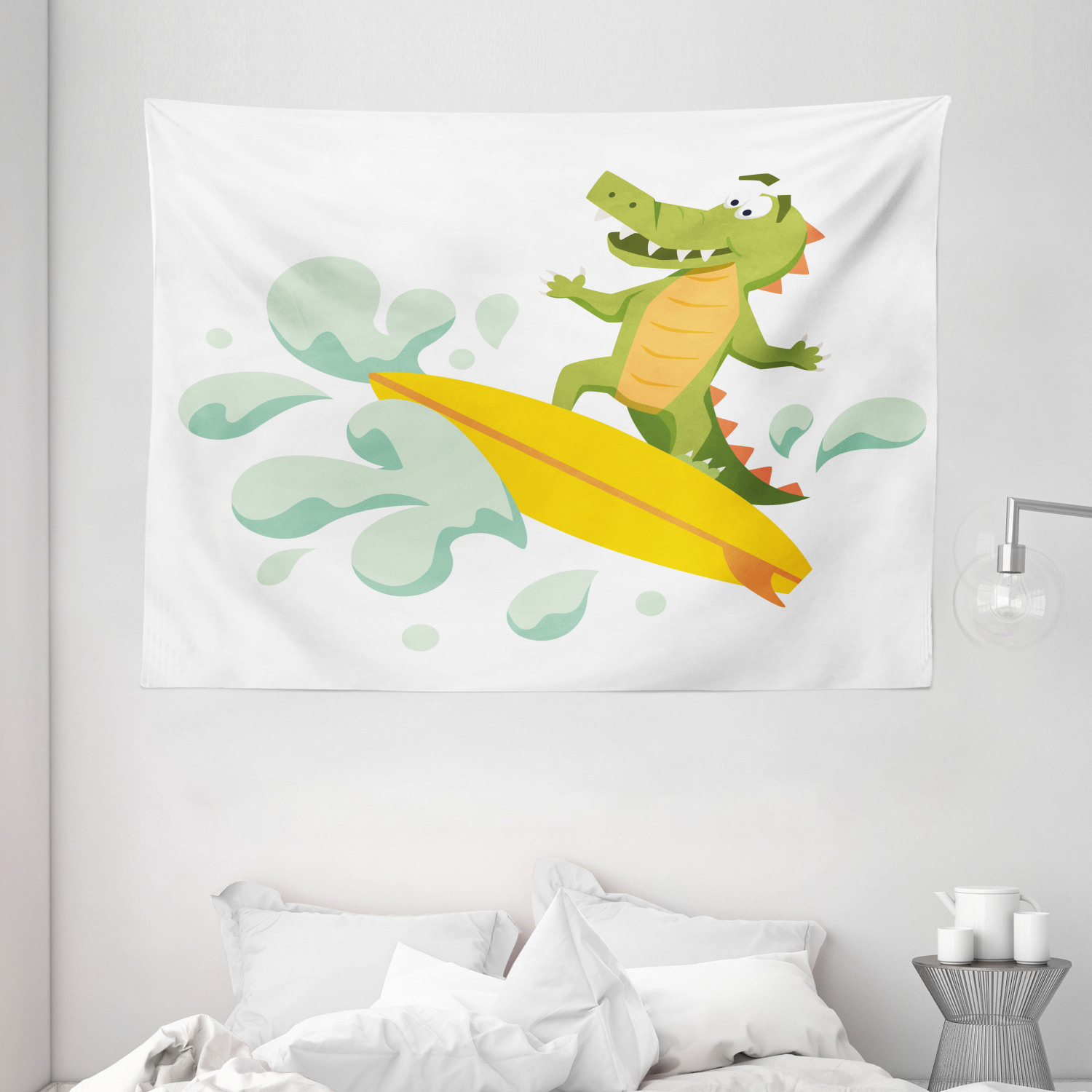 Ride The Wave Tapestry, Cute Crocodile Surfing Caricature Humor Wild ...
