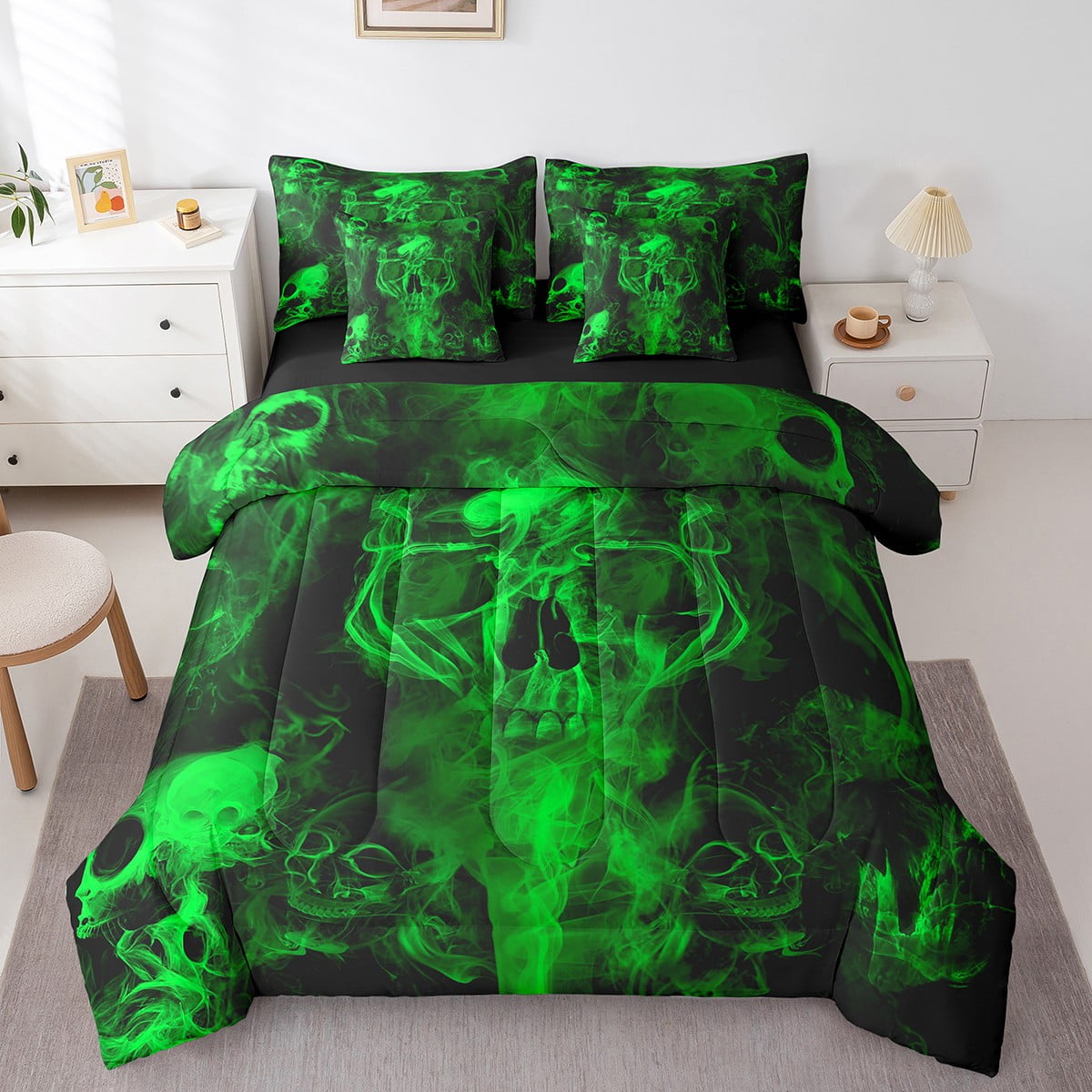 Click here for Yst Green Skull Comforter Set King 7 Piece Gothic... prices