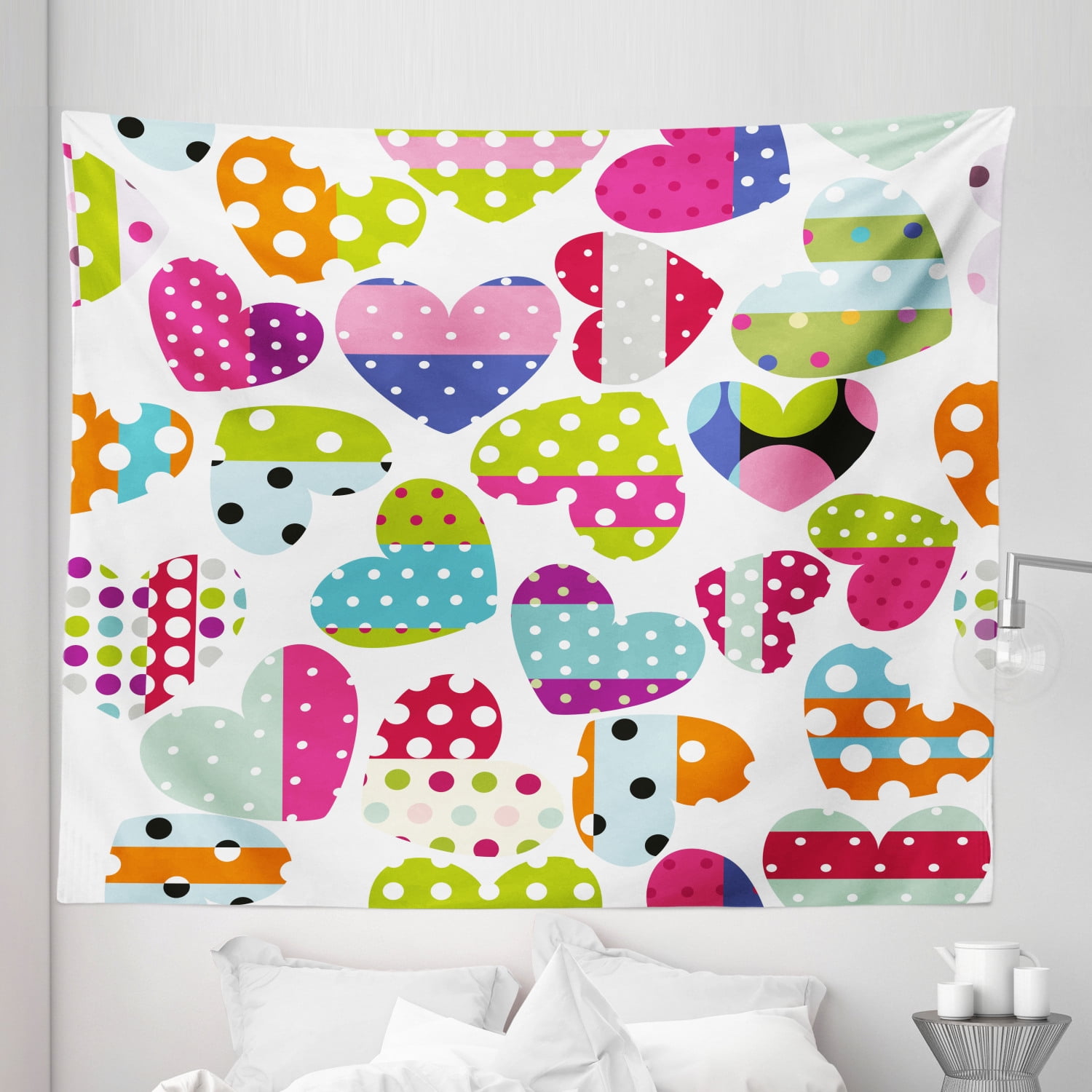 Colorful Tapestry, Heart Shapes with Patches and Polka Dots Cheerful ...