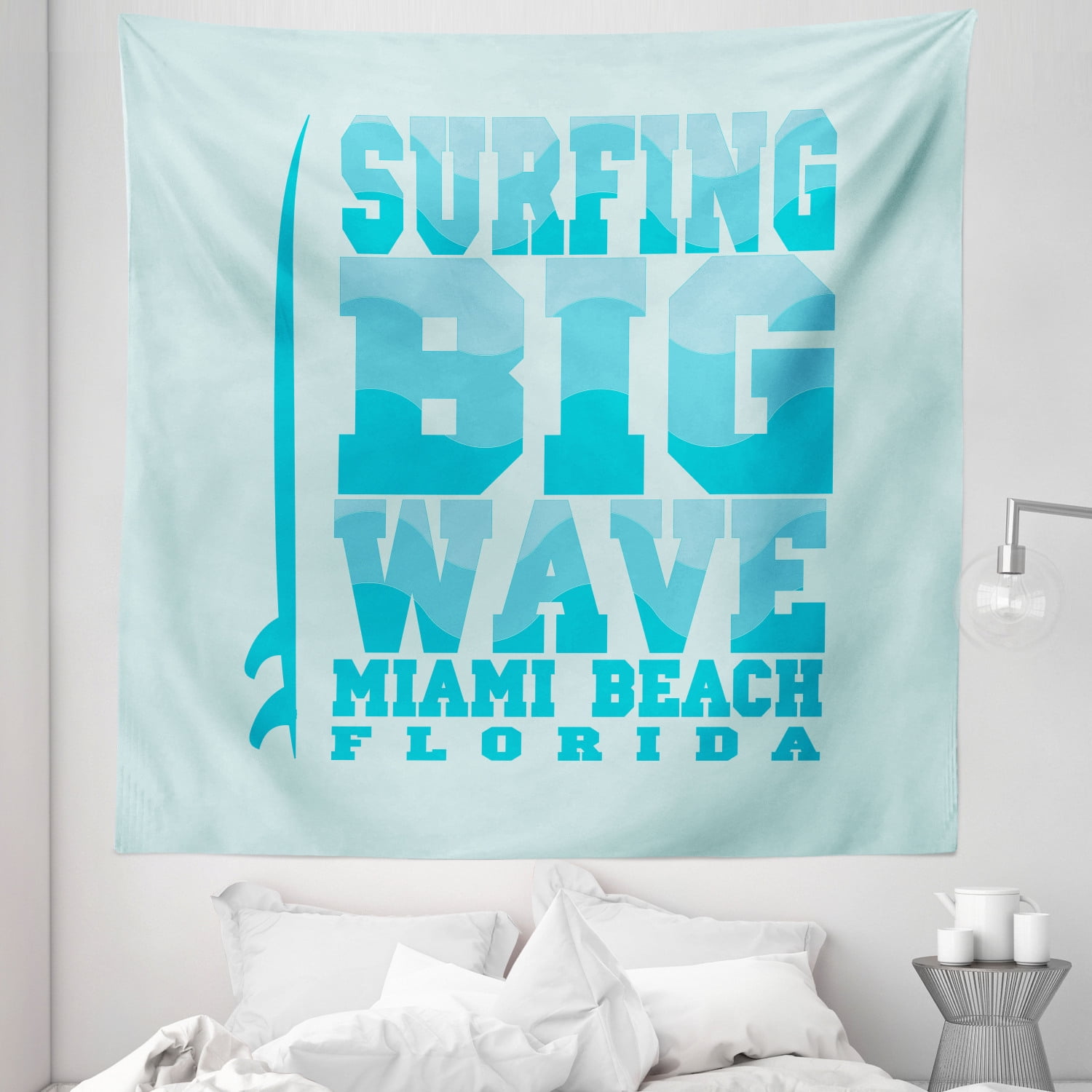Florida Tapestry, Surfing Big Wave Miami Beach Calligraphy Text with an ...