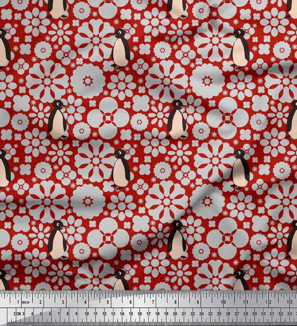 Soimoi Modal Satin Fabric Floral & Penguin Ocean Print Fabric by The ...