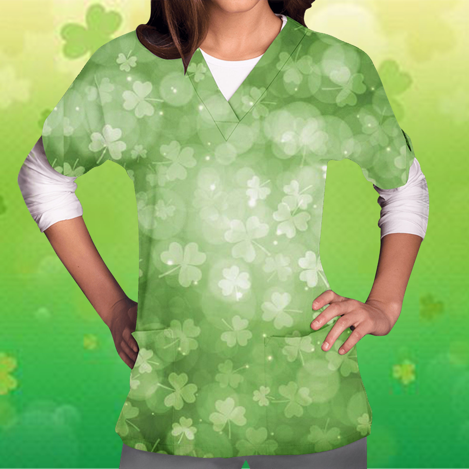 Womens St. Patrick's Day Scrub_ Tops,Four-Leaf Clover Print Short ...