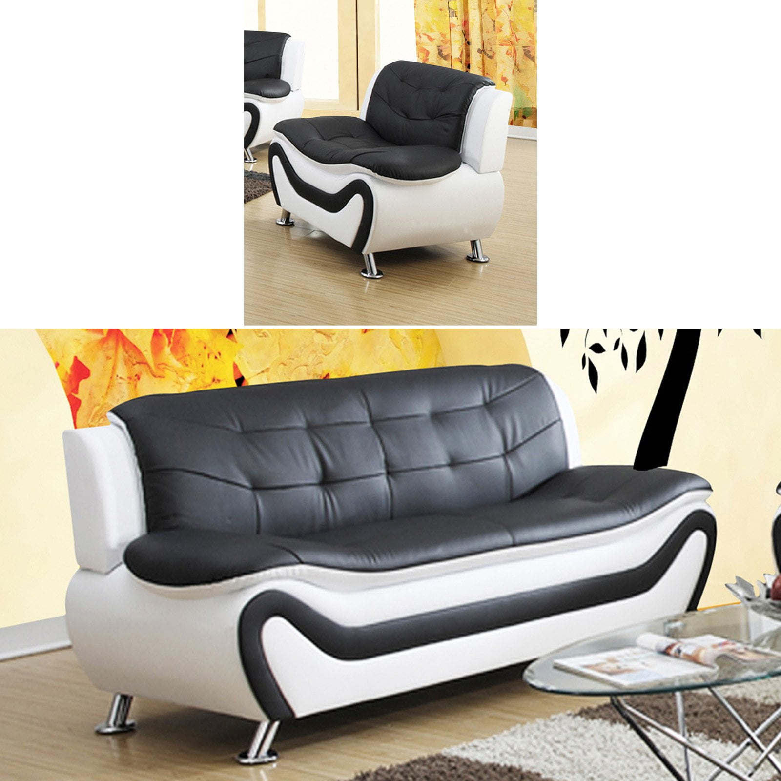 Frady Black And White Faux Leather Modern Living Room Sofa | Baci ...