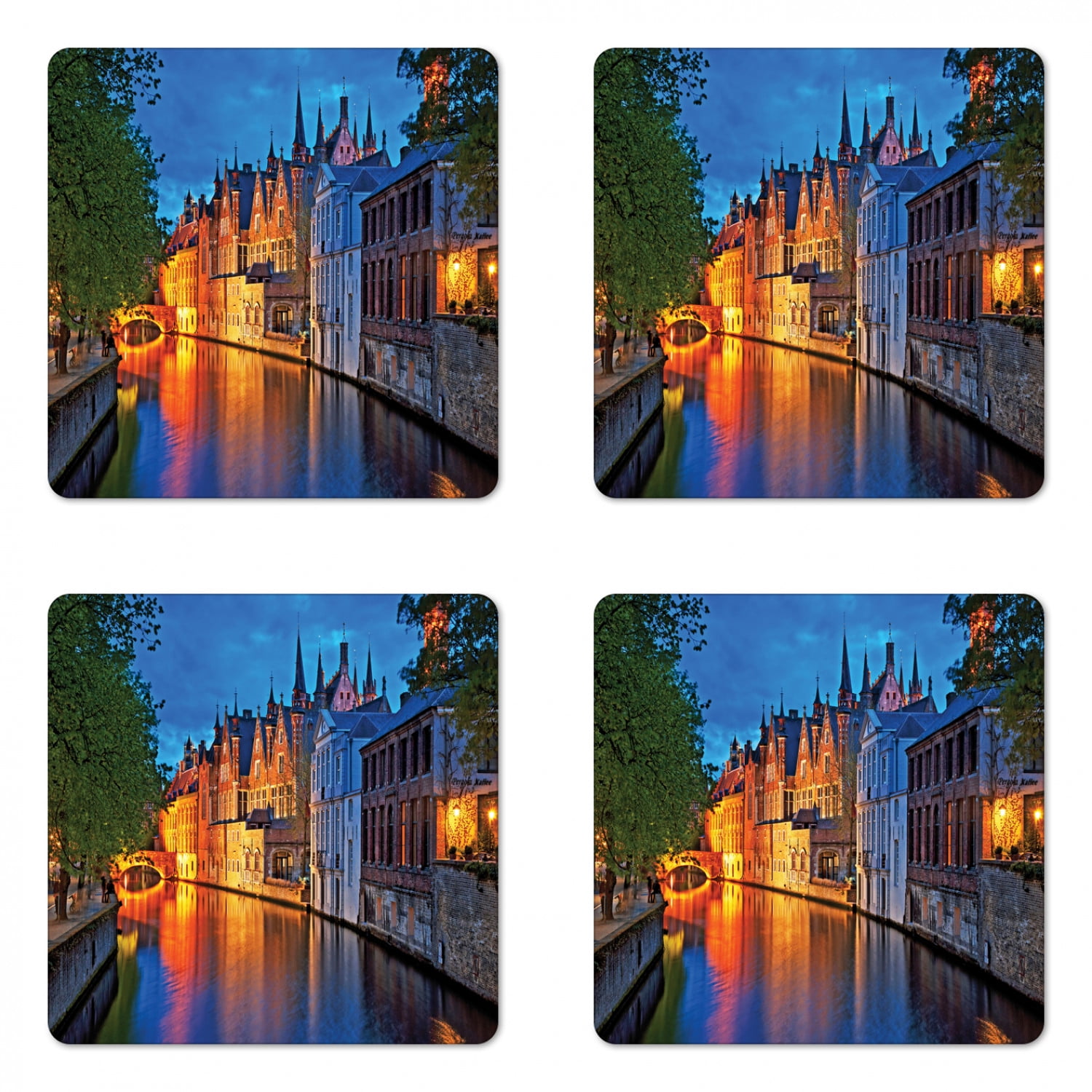 Medieval Coaster Set of 4, Night Shot of Middle Age Building Along the ...