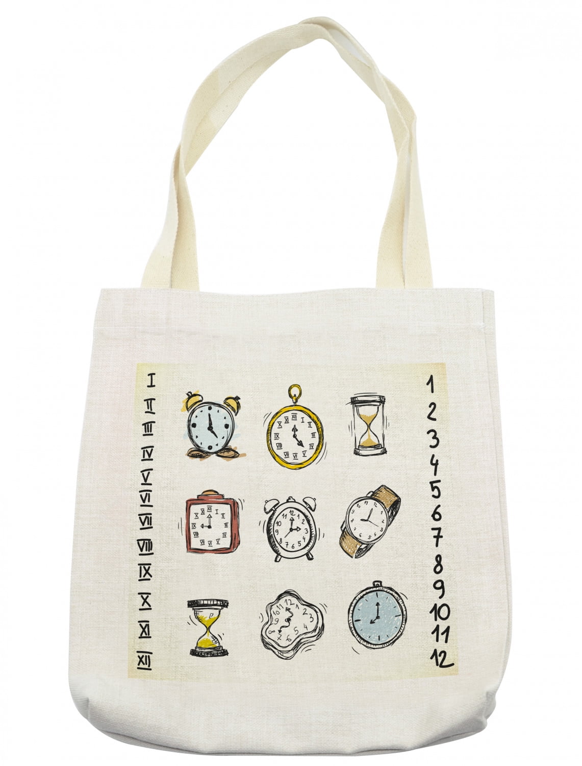 Clock Tote Bag, Assortment of Vintage Watchesd Doodled Clocks Hand ...