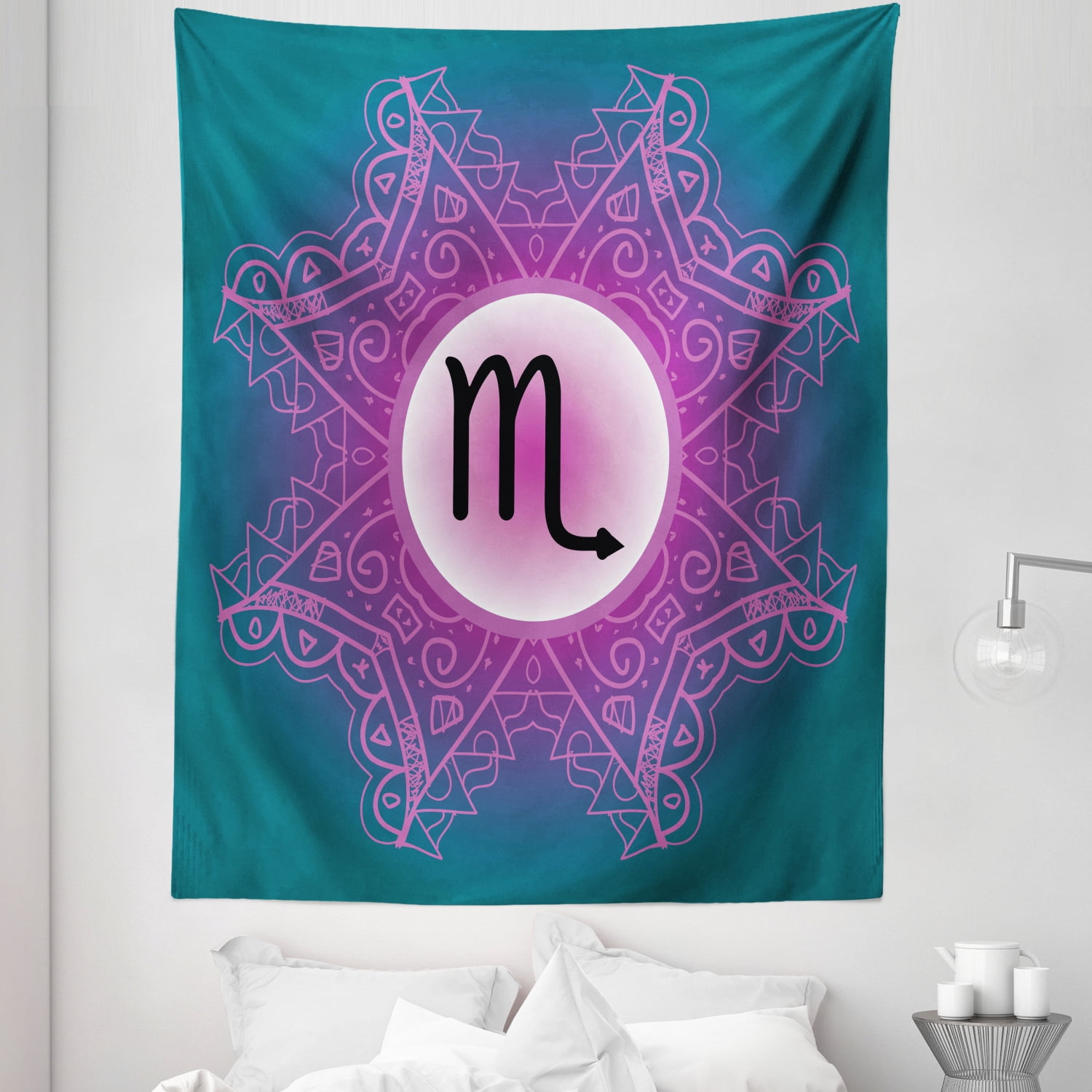 Zodiac Scorpio Tapestry, Ornate Floral Mandala Design in Fuchsia Color ...