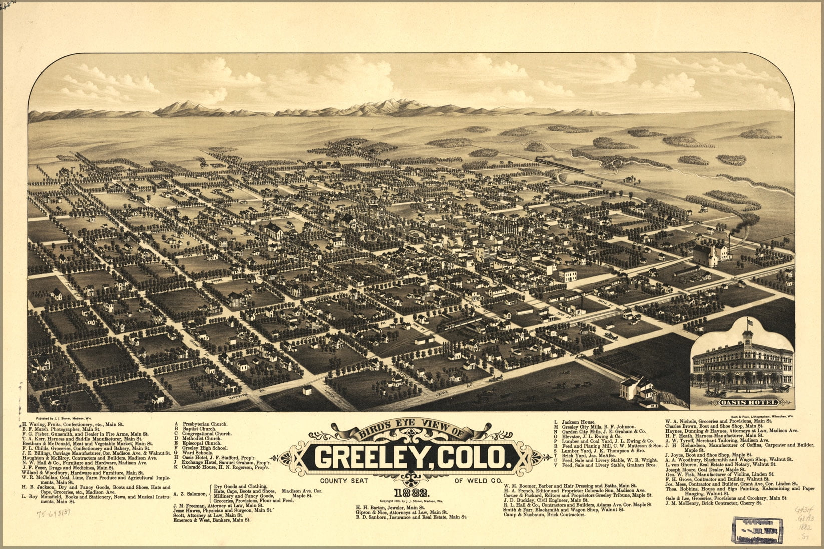 24"x36" Gallery Poster, birdseye view map of Greeley, Colorado 1882 ...