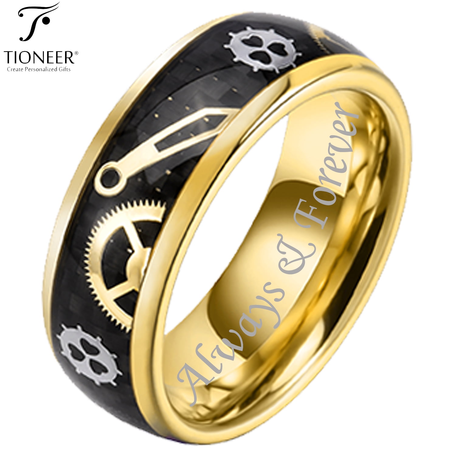 8mm Yellow Gold Plated Tungsten Carbide Wedding Band with Steampunk ...