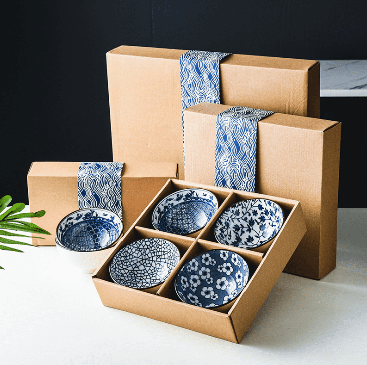 4.5 inch Ceramic Rice Bowl 4 Piece Set Hand Painted Blue Flower Pattern ...