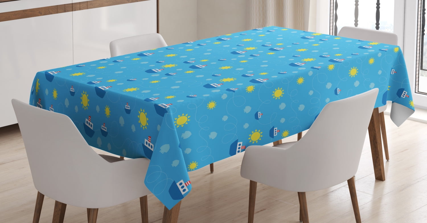 Yellow and Blue Tablecloth, Childish Cartoon Marine Pattern Boats on ...