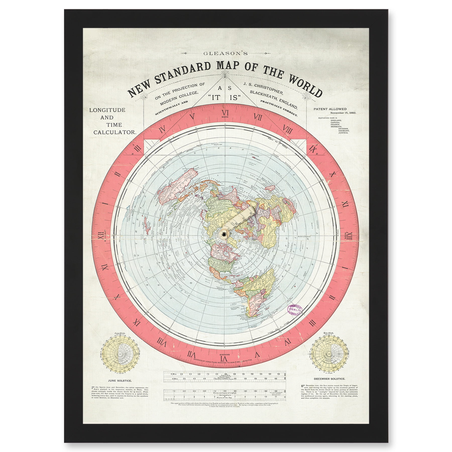 1892 World Time Calculator Flat Earth Map Gleason A4 Artwork Framed ...