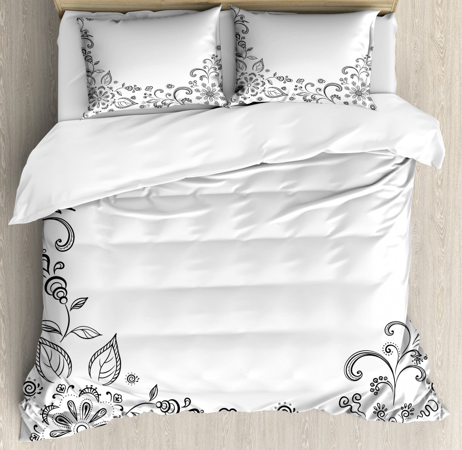 Black and White Duvet Cover Set Queen Size, Monochrome Floral Framework ...