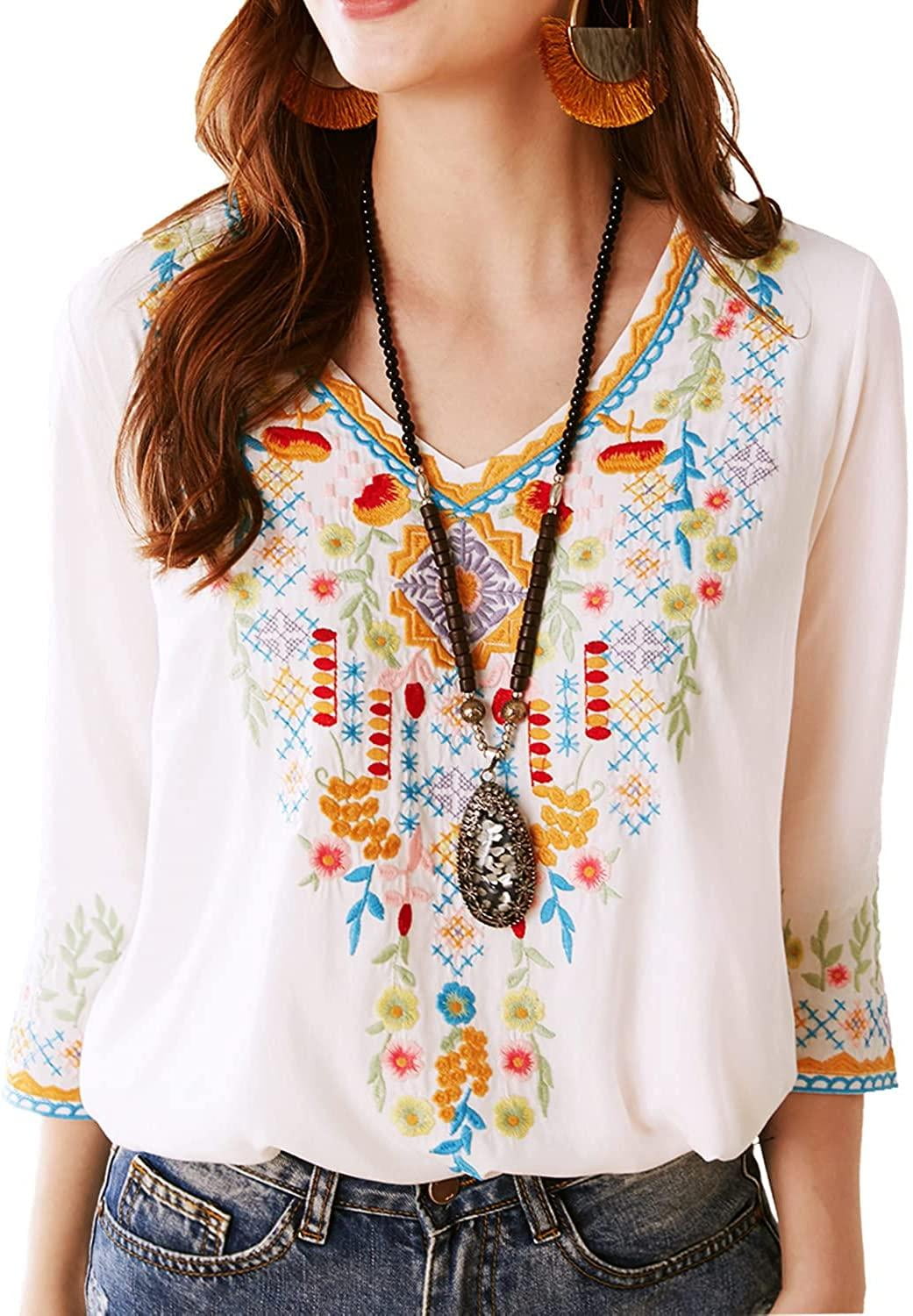 Mexican Embroidered Shirts for Women Boho Tops and Blouses 3/4 Sleeve ...