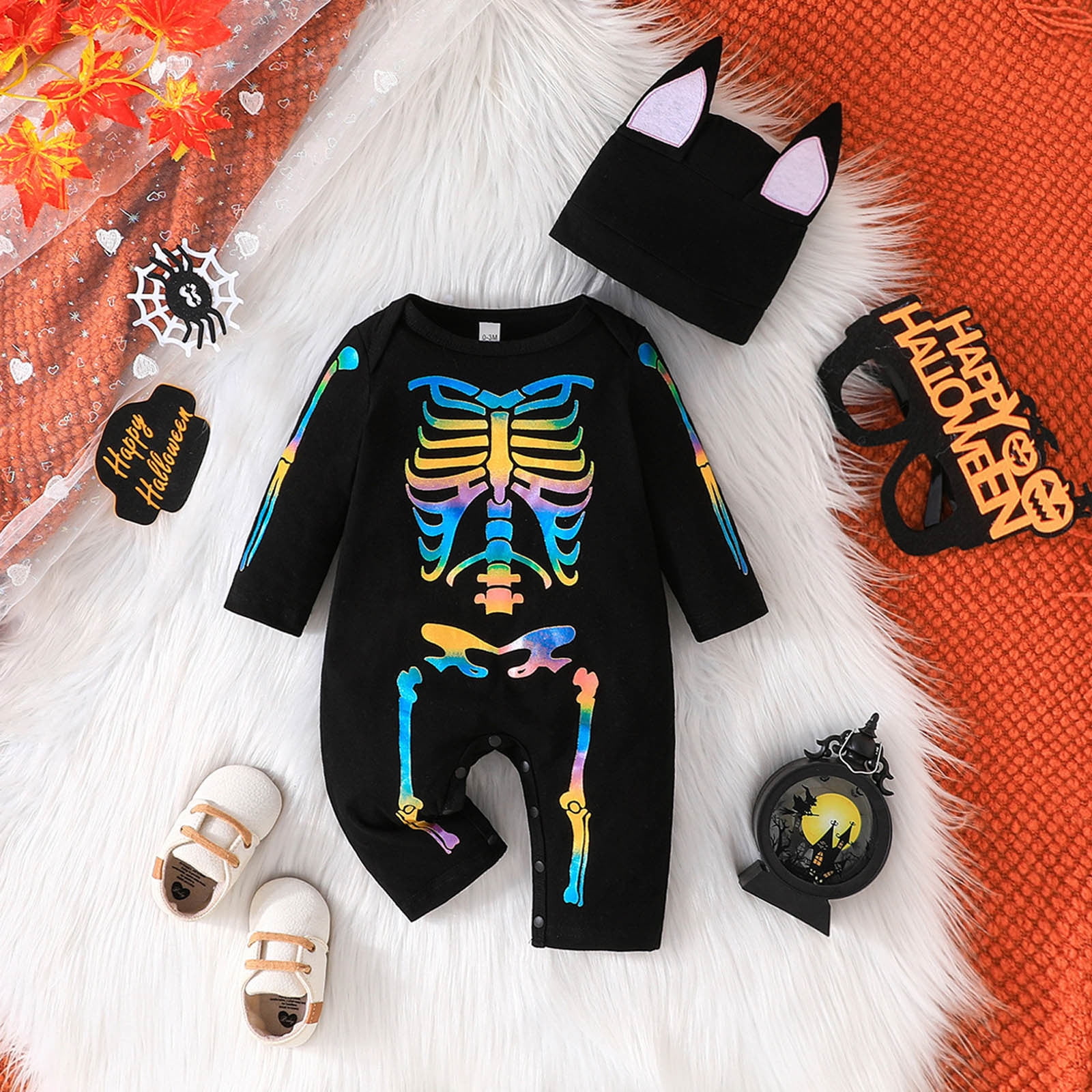 Baby Boys Romper Jumpsuit Long Sleeve Print Outfit with Hat Soft ...