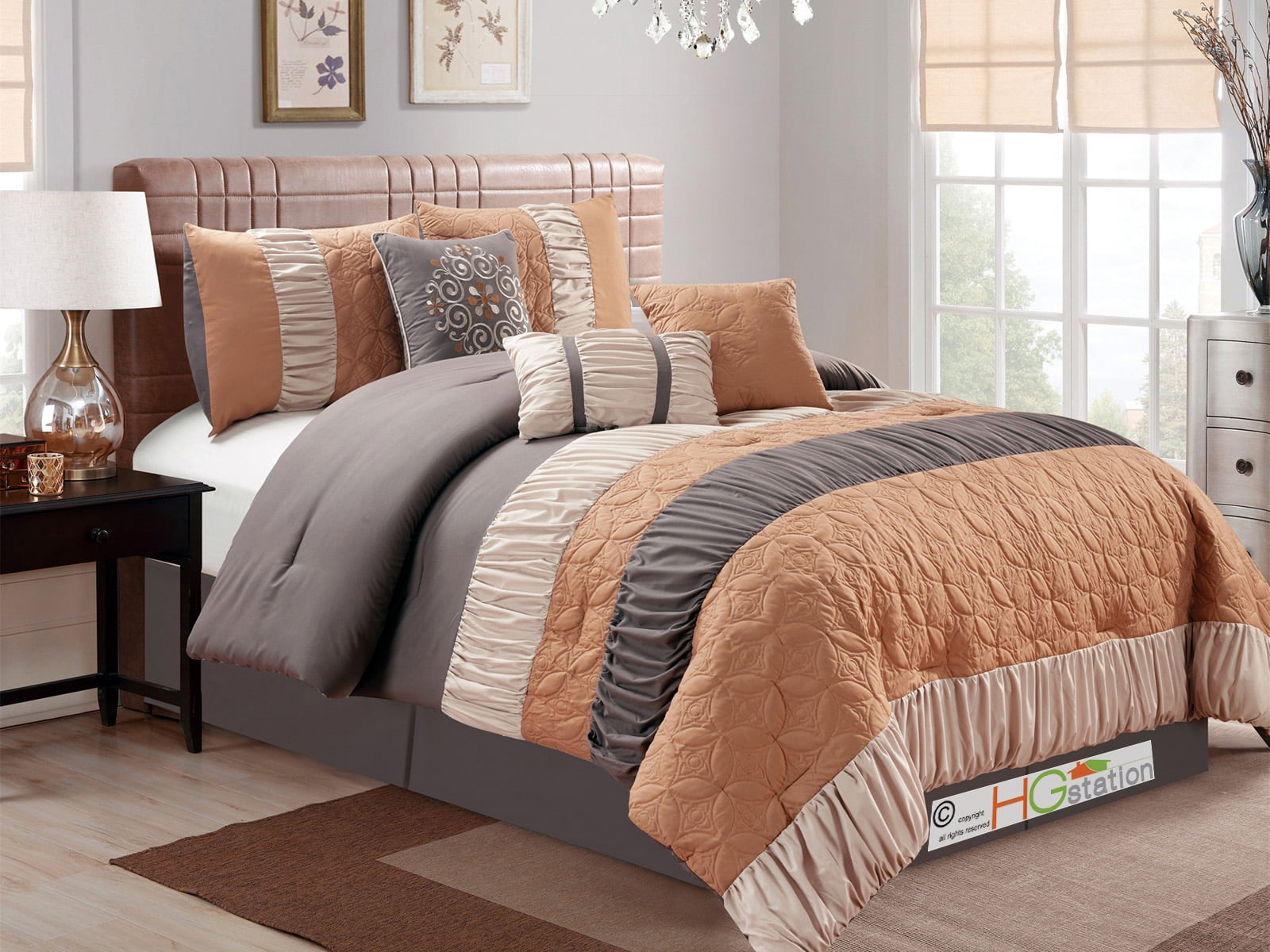 7-Pc Ruffled Pinched Embroidery Scroll Floral Medallion Comforter Set ...