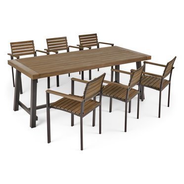 Lyndell Outdoor 7 Piece Acacia Wood Dining Set with Wicker Chairs and ...