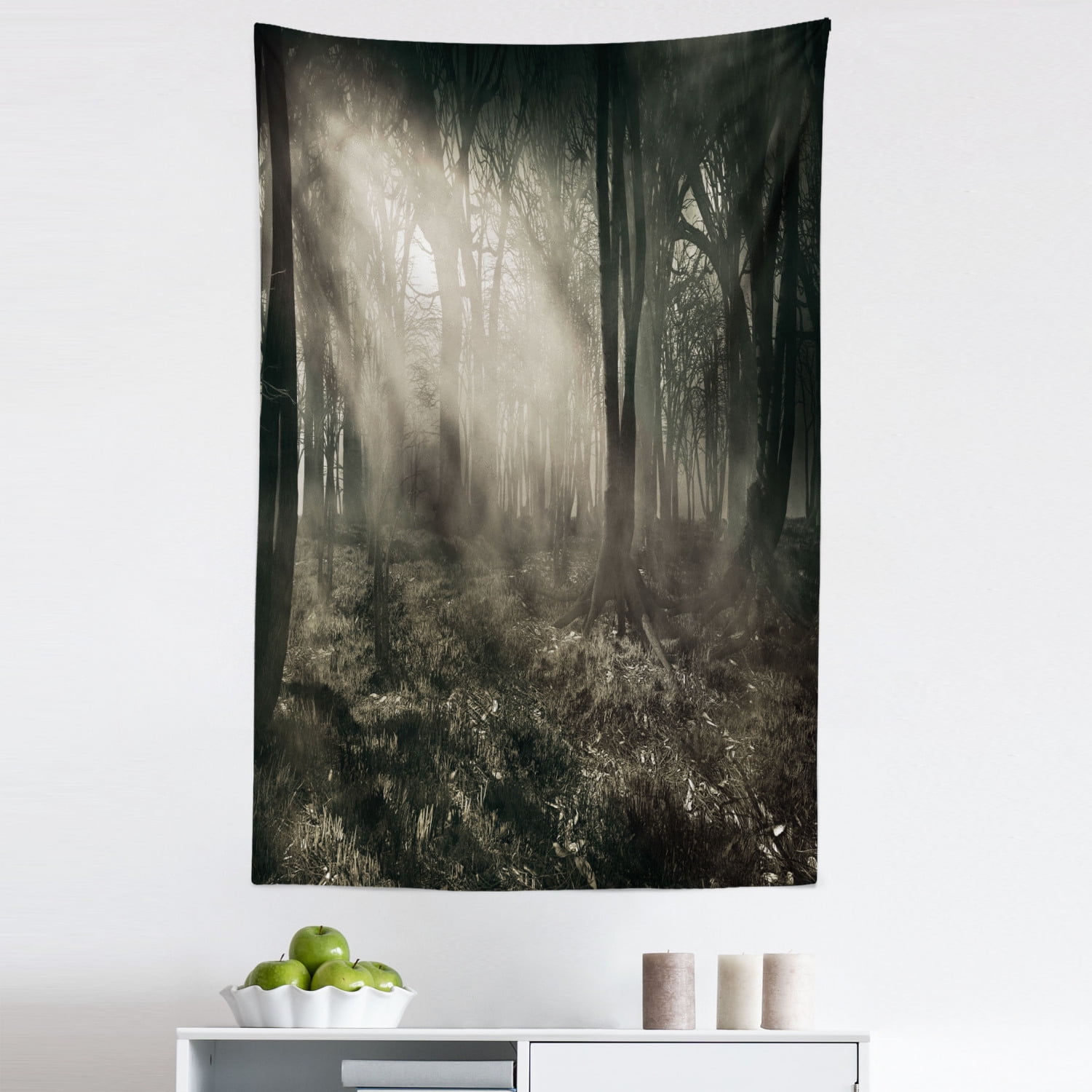 Brown Tapestry, Photo of Dark Forest Scenery Sunbeams and Fog Vintage ...