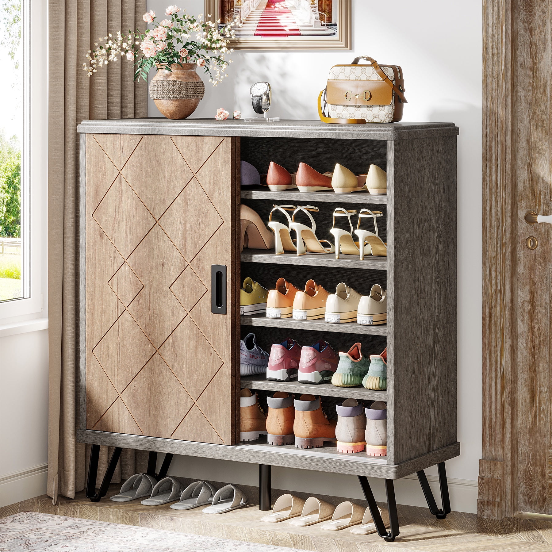 Ktaxon 12-Tier Closed Space Cupboard, 3-Door Rattan Shoe Ktaxon 12-Tier Closed Space Cupboard, 3-Door Rattan Shoe