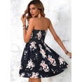 Black Floral Print Strapless Ruched A-Line Mini Dress For Casual Spring ...