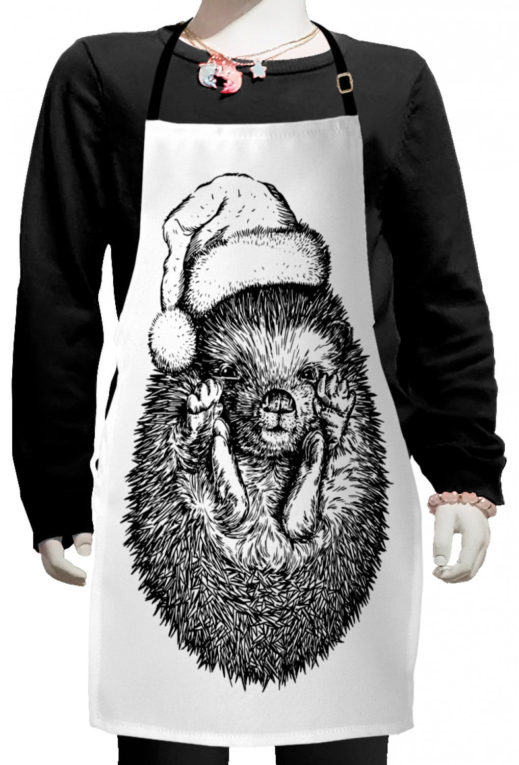 Hedgehog Kids Apron, Monochrome Hedgehog with Winter Attire Funny Hat ...