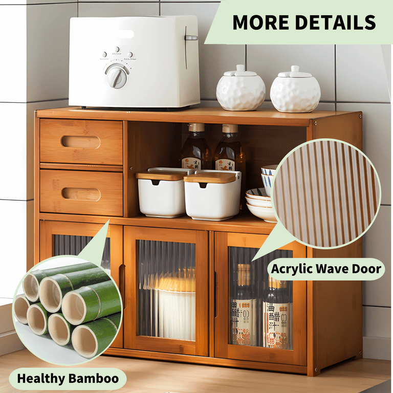 Qunbio Kitchen Desktop Storage Cabinet Small Sideboard Cabinet with 2 Drawers 3 Doors Wooden Cupboard for Dish Display