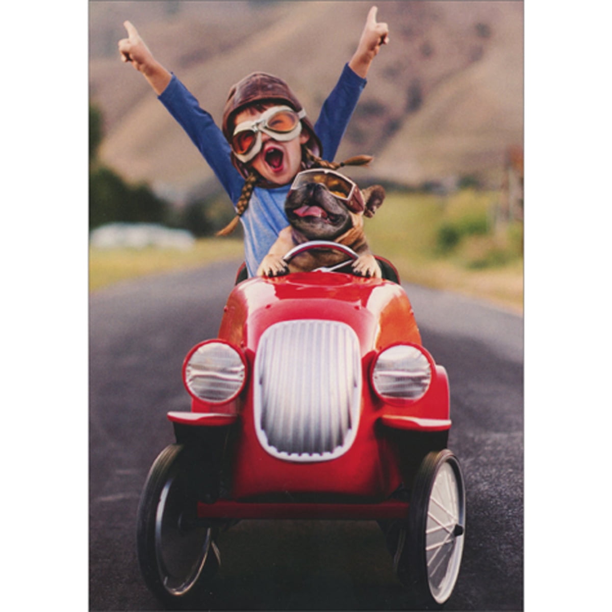 Avanti Press Girl and Dog Wearing Goggles and Riding in Red Go Cart ...