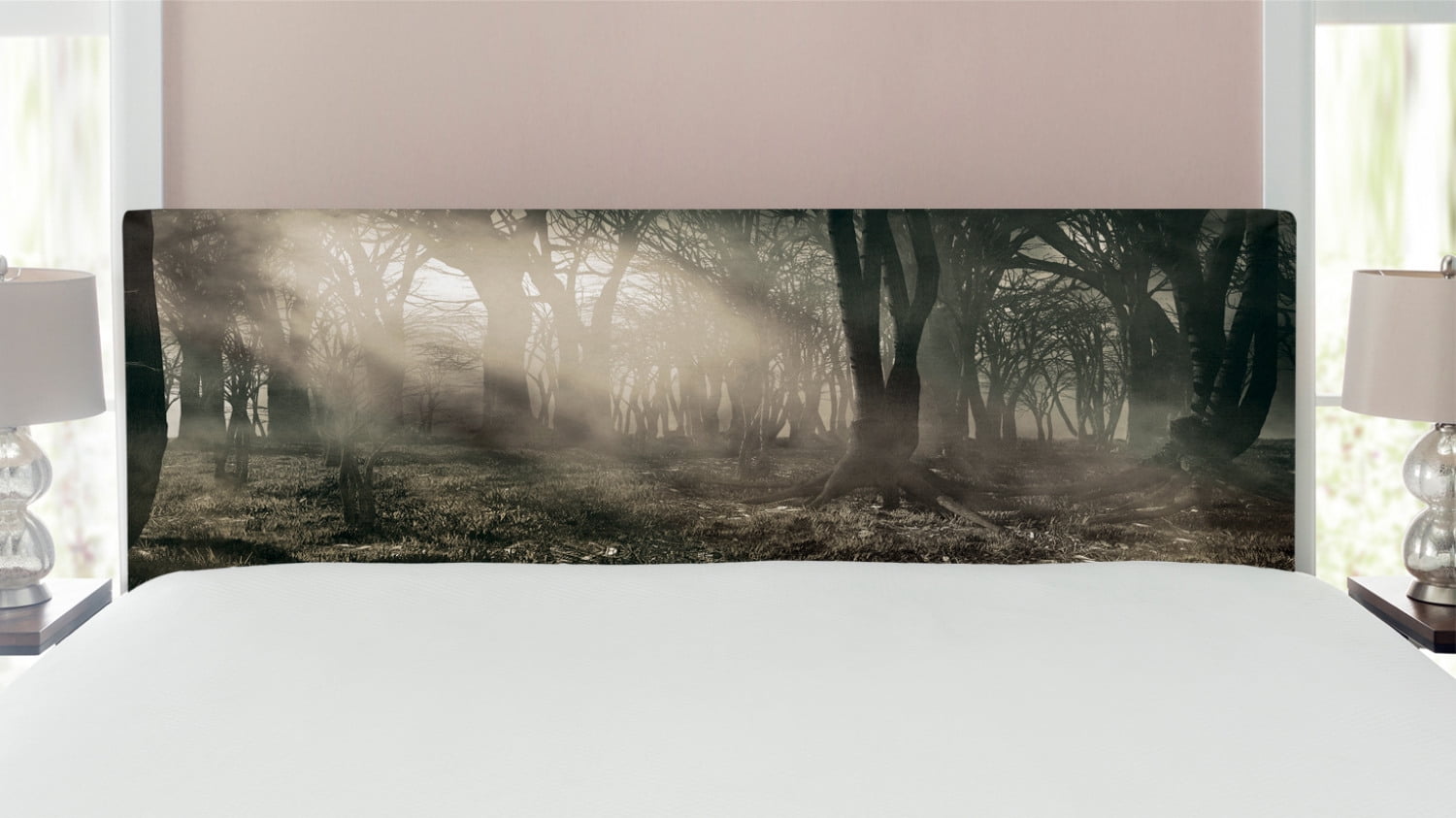 Gothic Headboard, Photo of Dark Forest Scenery Sunbeams and Fog Vintage ...