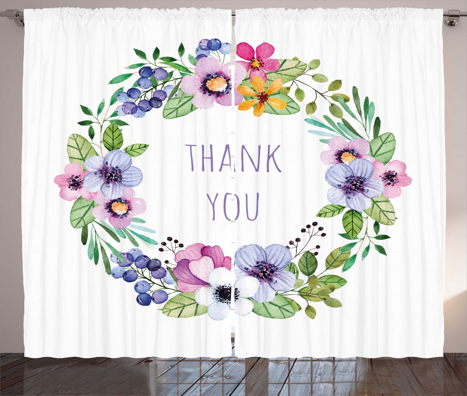 Thank You Curtains 2 Panels Set, Beautiful Spring Floral Wreath with ...