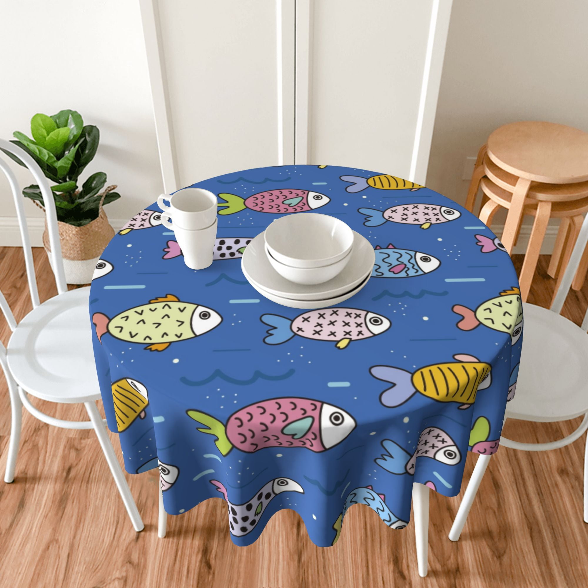 TEQUAN 60" Round Tablecloth, Blue Sea Fish Pattern Washable Polyester ...