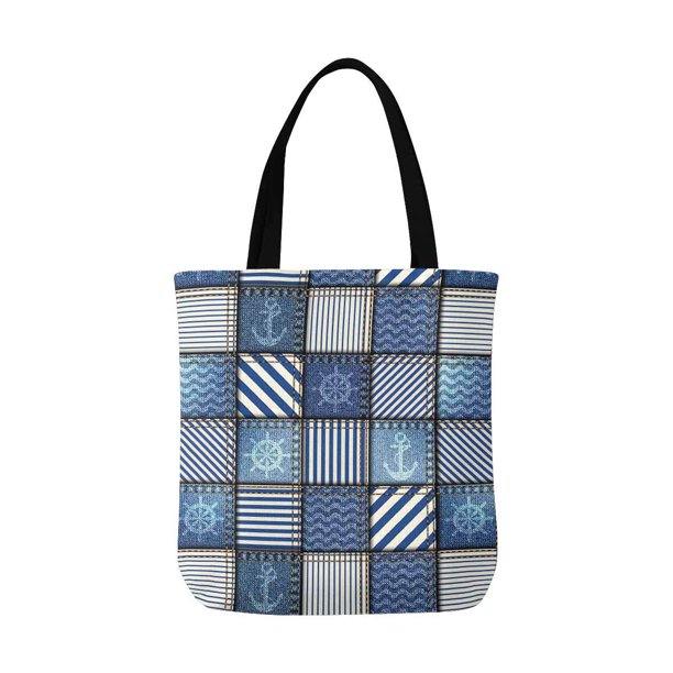 HATIART Abstract Blue Patchwork with Nautical Anchor and Sea Waves ...