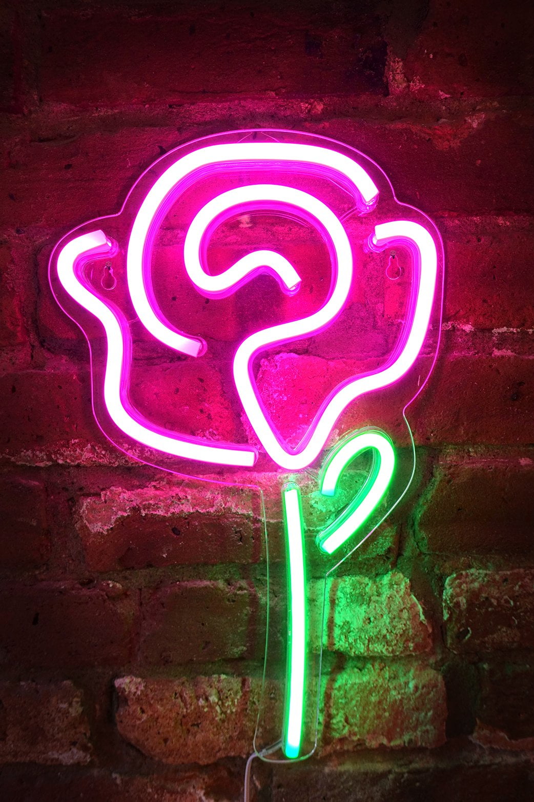 Isaac Jacobs 15" x 9" LED Neon Pink Rose Flower with Green Stem Wall ...