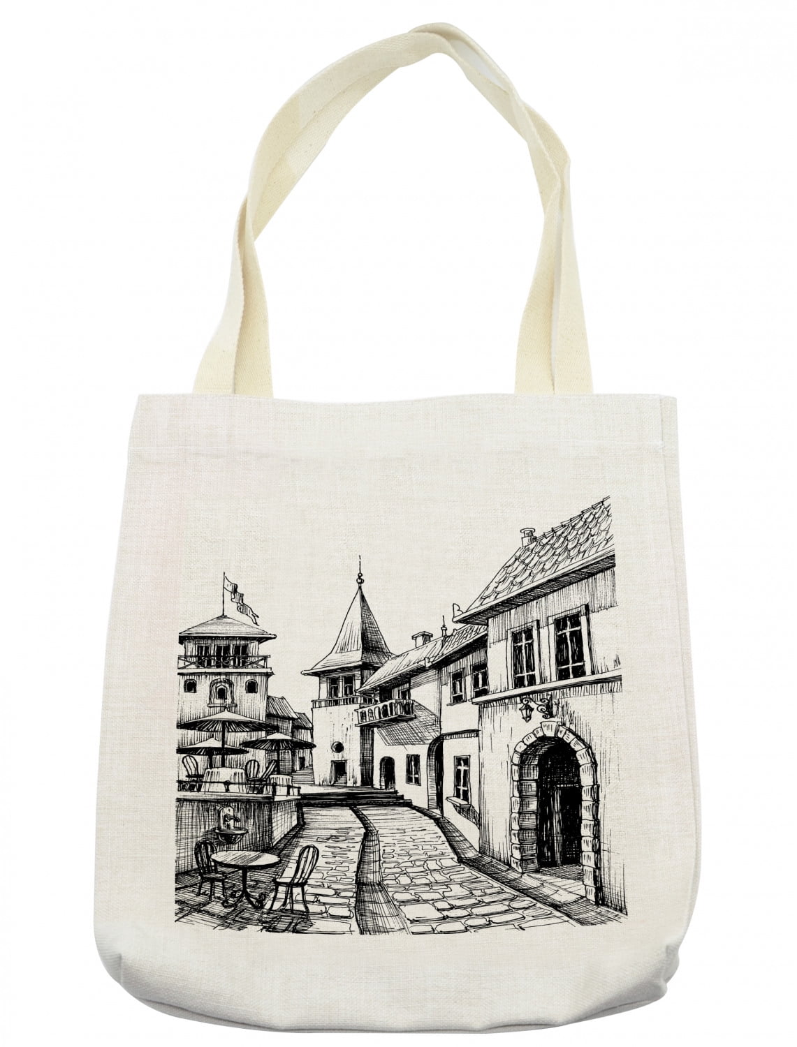 Cityscape Tote Bag, Old Peaceful City Drawing Restaurant Terrace Sketch ...