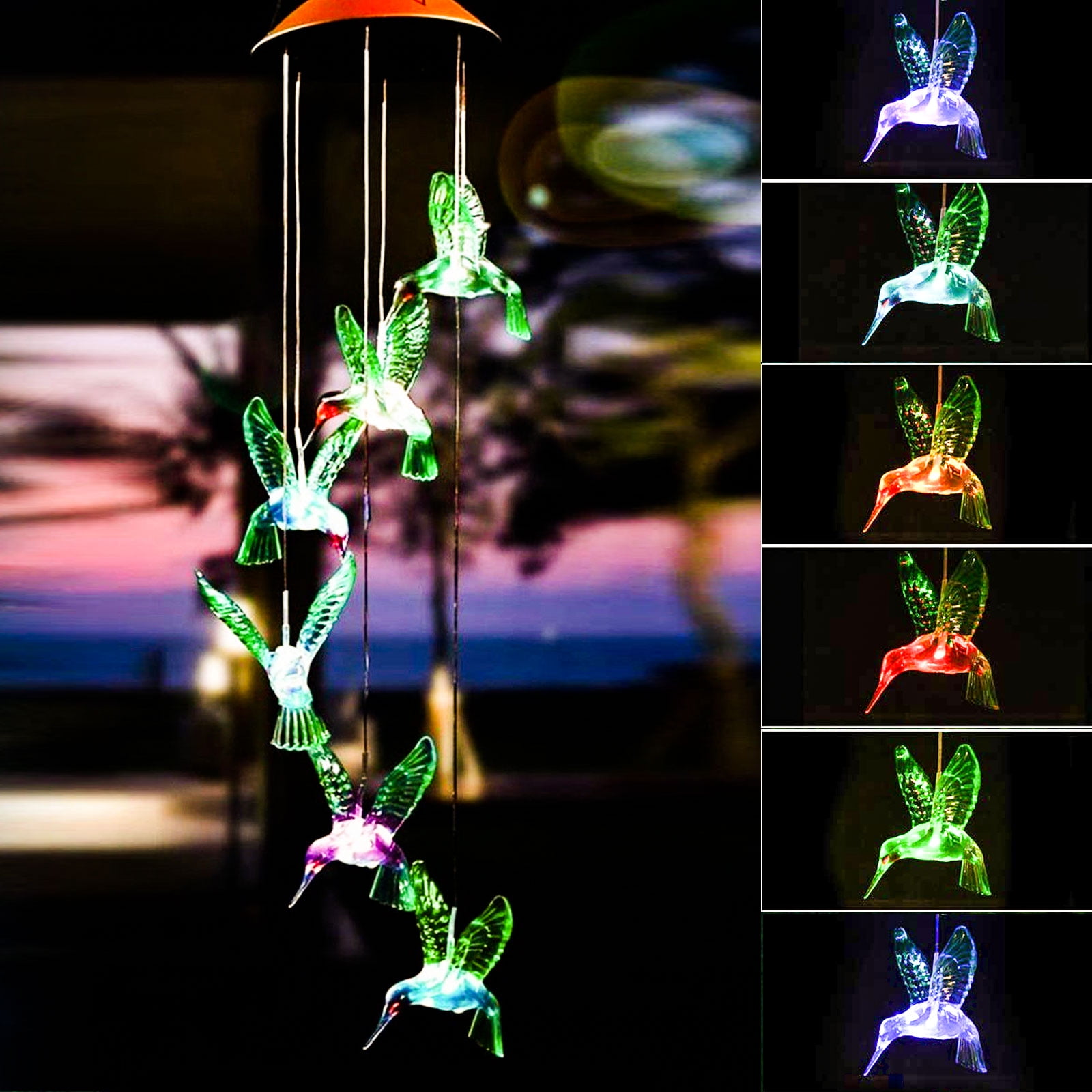 TSV Solar Changing Color Hummingbird Wind Chime, Solar Powered LED ...