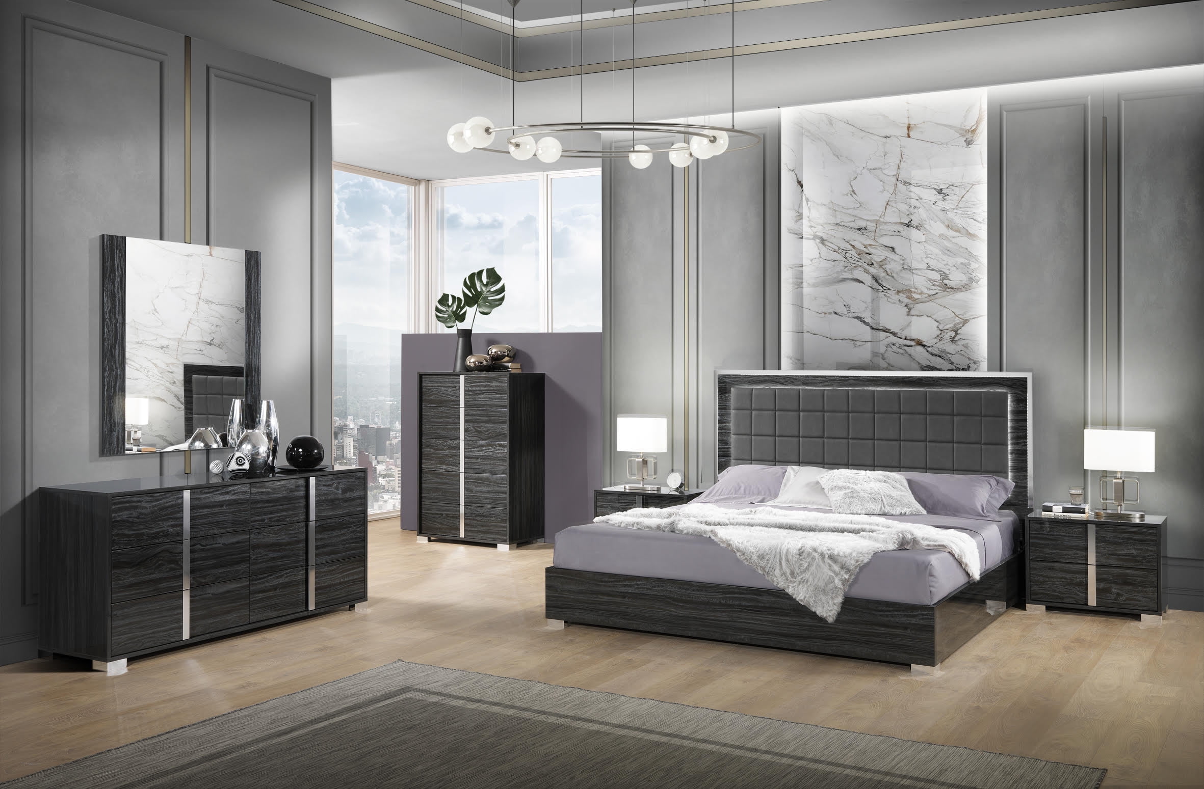 J&M Furniture Alice Bedroom Collection in Gloss Grey with 6 piece queen ...