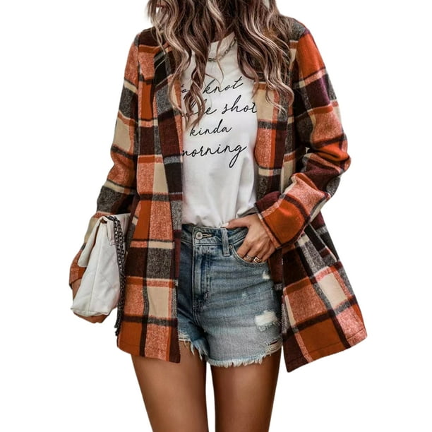 Grianlook Womens Long Sleeve Plaid Shirts Jacket Flannel Lapel Neck ...