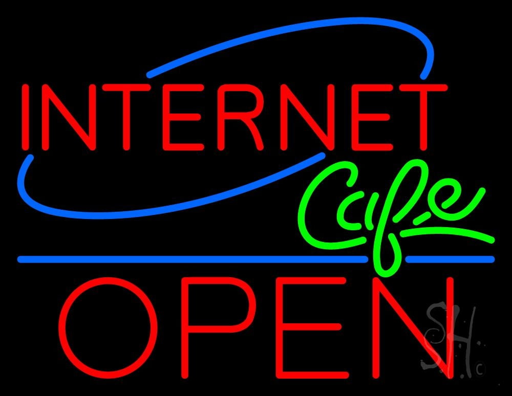 Deco Style Internet Cafe Open Blue Line LED Neon Sign 15 x 19 - inches ...