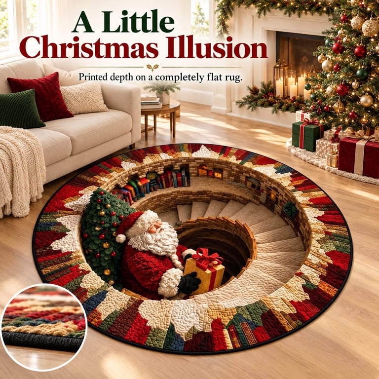 3D Christmas Round Rug, Santa Optical Illusion Mat for Home Decor, Soft ...