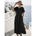 Black Womens Loose Fit Short Sleeve Button-Front A-Line Midi Dress ...